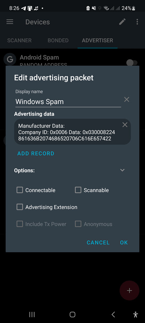 Atacar celulares y PC cerca con SPAM de mensajes emparejar Bluetooth